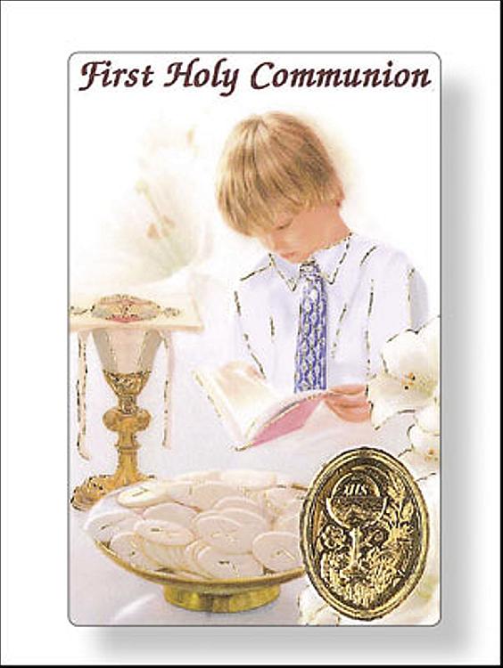 First Communion Boy Prayer Card with Gold Foil Medal