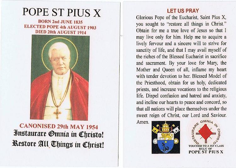 Pope St Pius X Relic Prayer Card