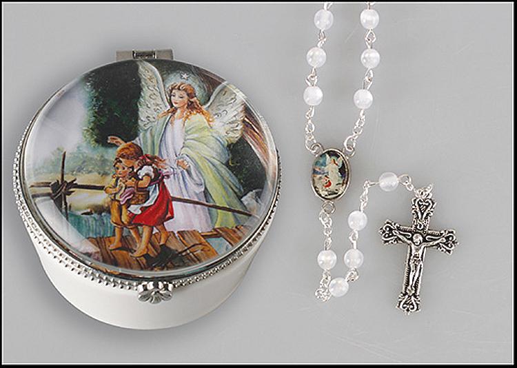 Porcelain box rosary - Guardian Angel - white