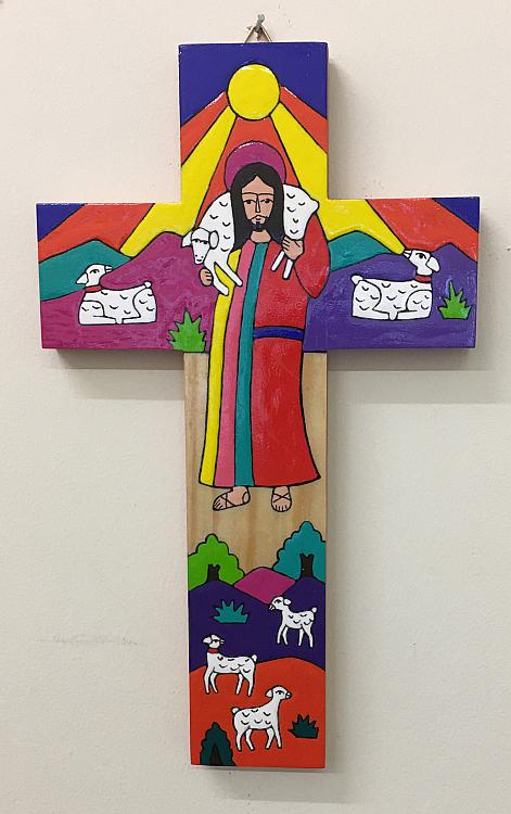 Latin American Painted Cross - 25 cm - Christ the Good Shepherd